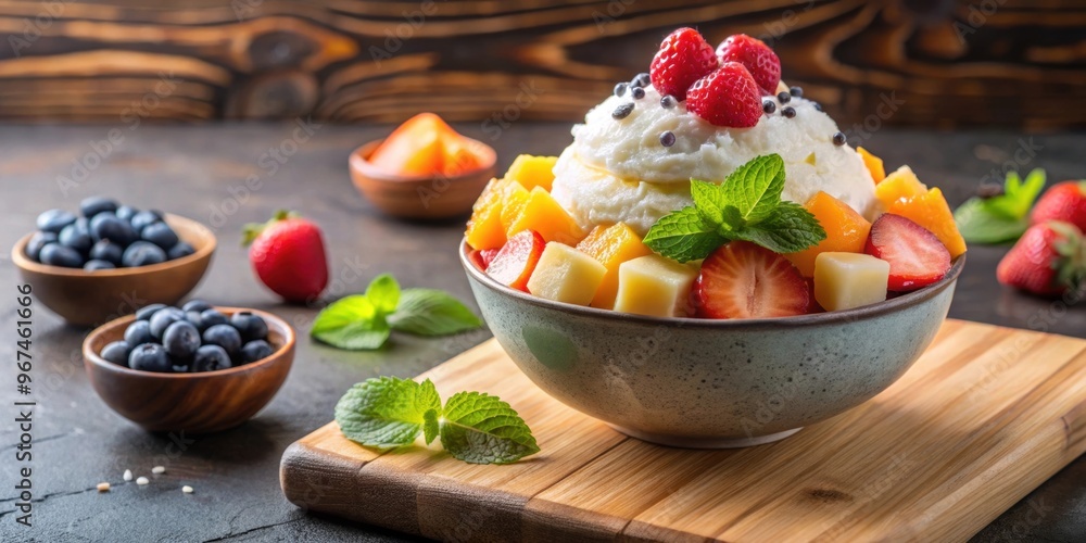 Bingsu dessert with an assortment of mixed fruit toppings , bingsu ...