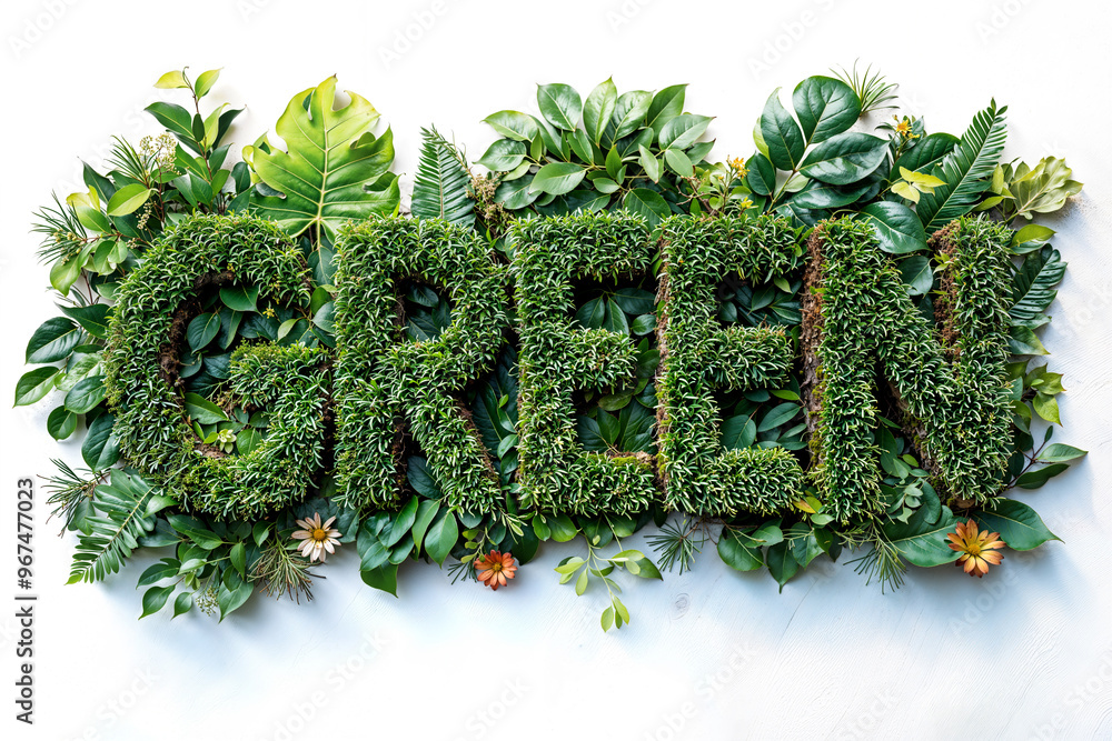 The word GREEN formed with turf and surrounded by leaves, concept of ...