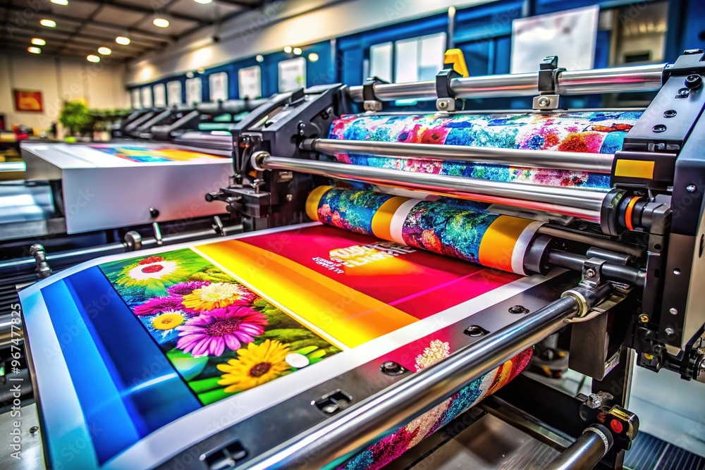 The printing machine hums along, its open trays and cables a backdrop ...