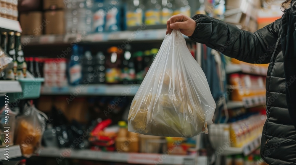 Hand holding a plastic bag filled with groceries in a crowded food ...
