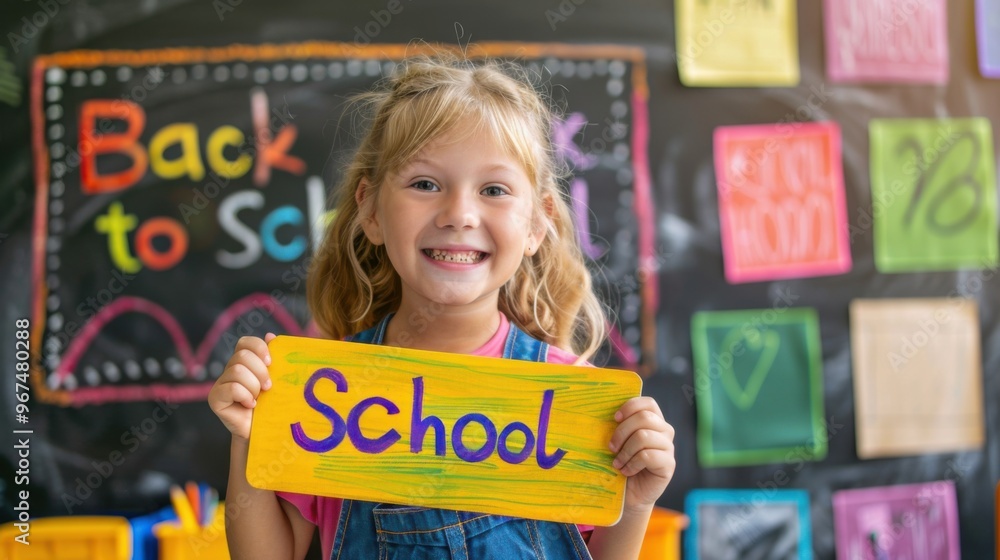 Happy child holding Back to School sign in colorful classroom with ...