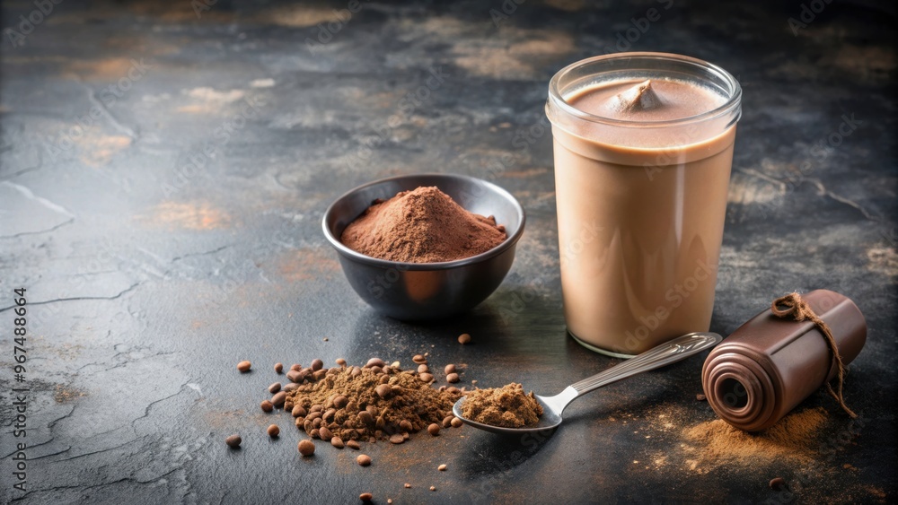 Protein shake with chocolate protein powder in a scoop, food supplement ...