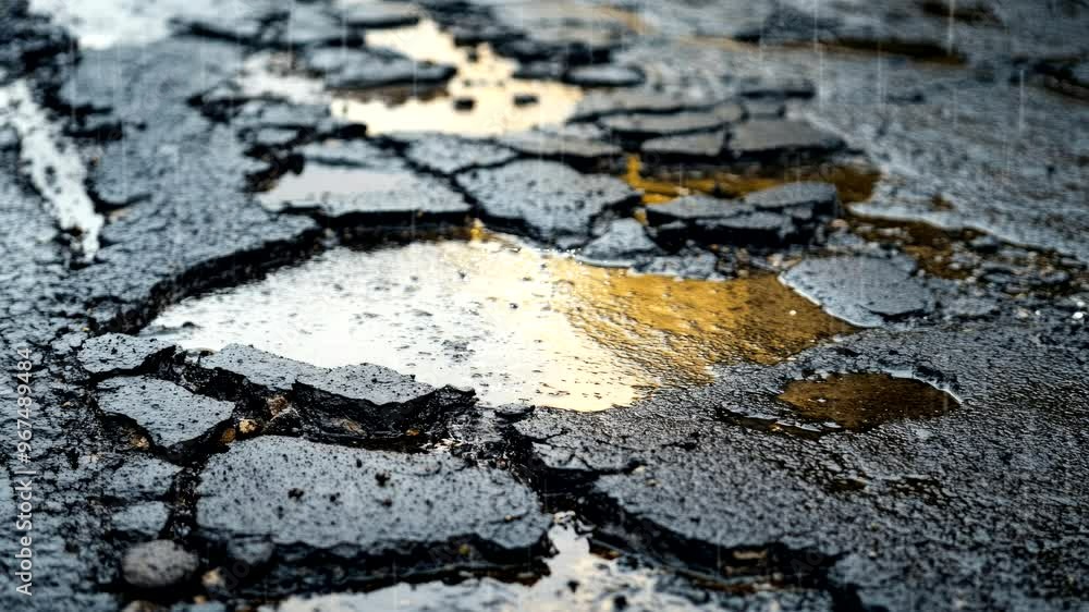 rain fall on damage road asphalt, bad road video animation background ...
