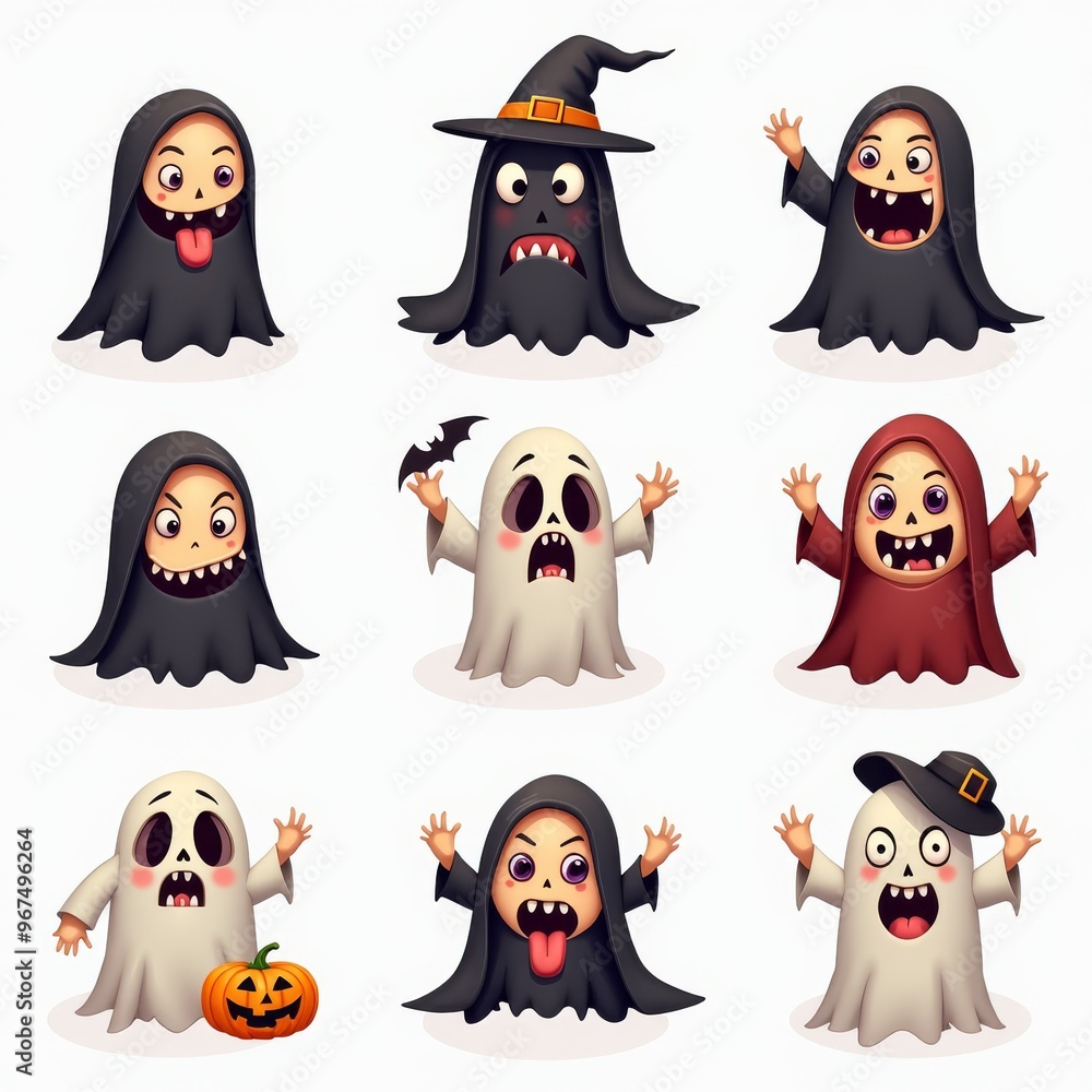 Cute Halloween Ghost Cartoon Characters Illustration with Spooky Faces ...