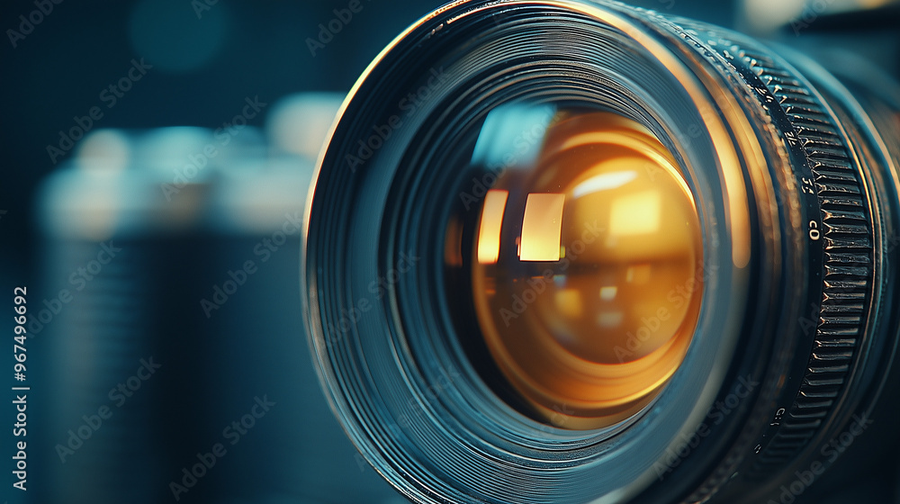 Zoomed-in cinematic shot of a vintage camera lens, reflecting soft ...