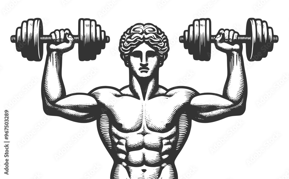 ancient Greek statue lifting heavy dumbbells, modern fitness themes ...