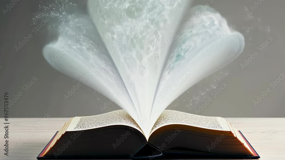 open book illuminated by a powerful beam of light from above, symbolizing knowledge vídeo de ...