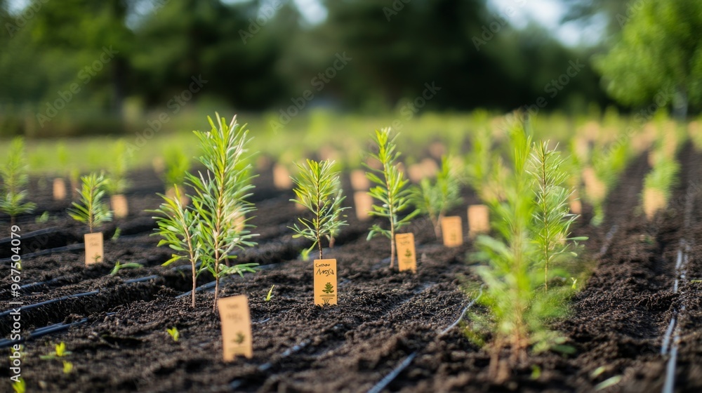 A series of young trees planted in a nursery, with labels and organized ...