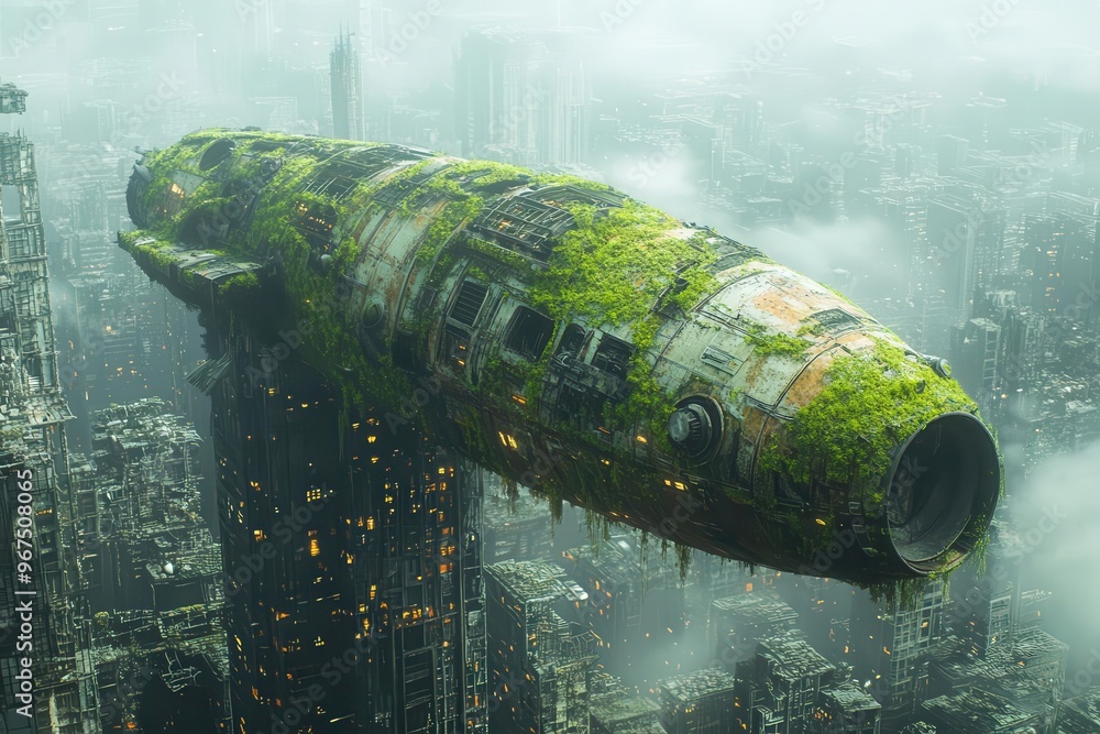 postapocalyptic relic mosscovered spaceship hull emerges from crumbling ...