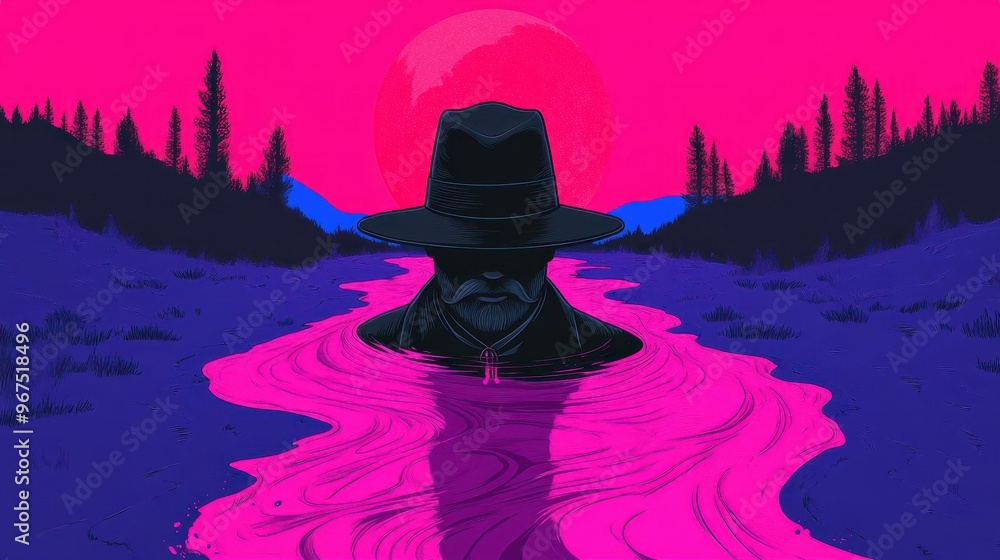 A wizard in a hat stands by a magical stream, with a bright, bloody ...