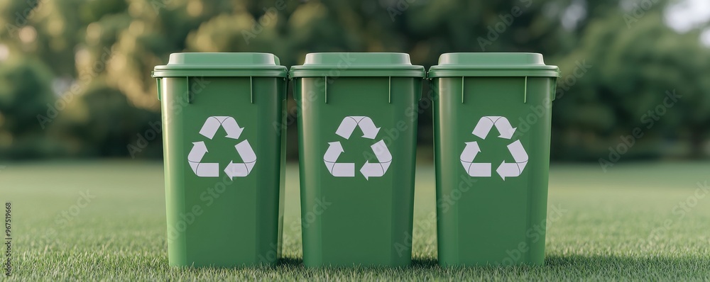 Eco Friendly concept, Three green recycling bins stand on grass ...