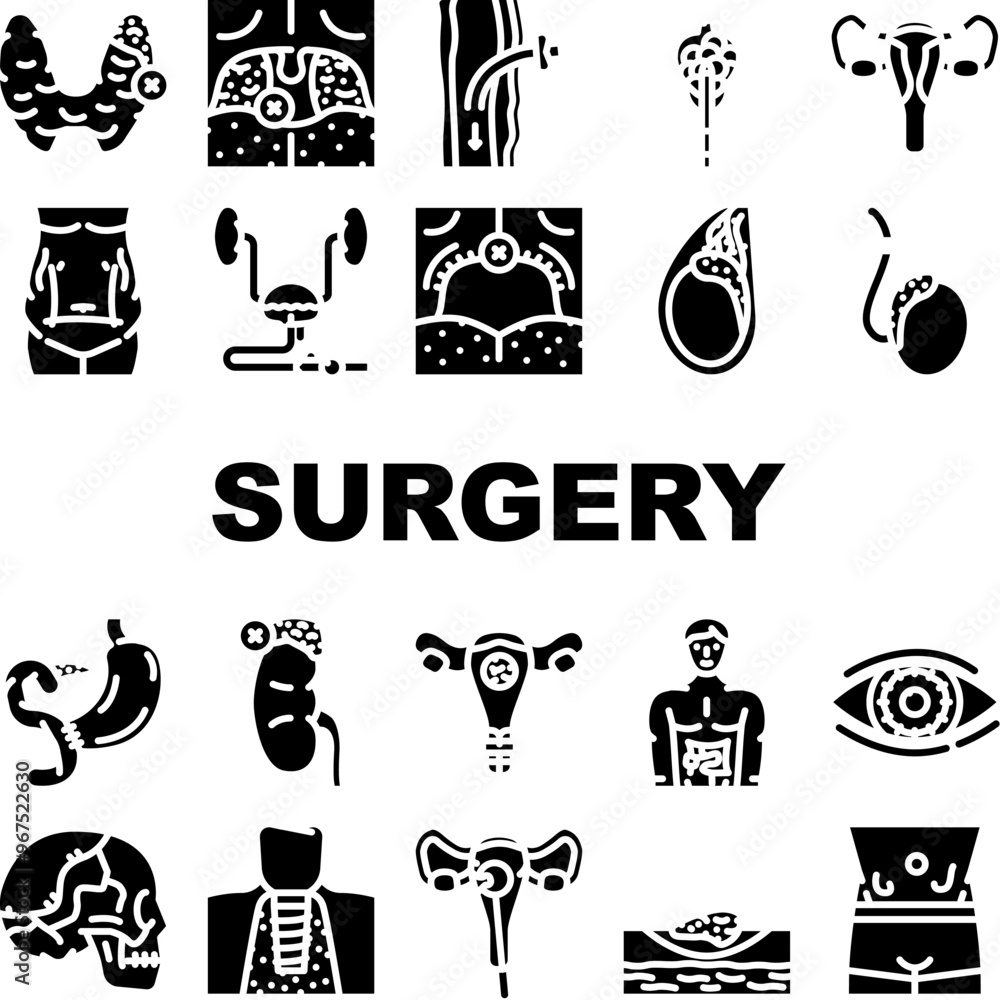 surgery hospital operation icons set vector. anesthesia recovery ...