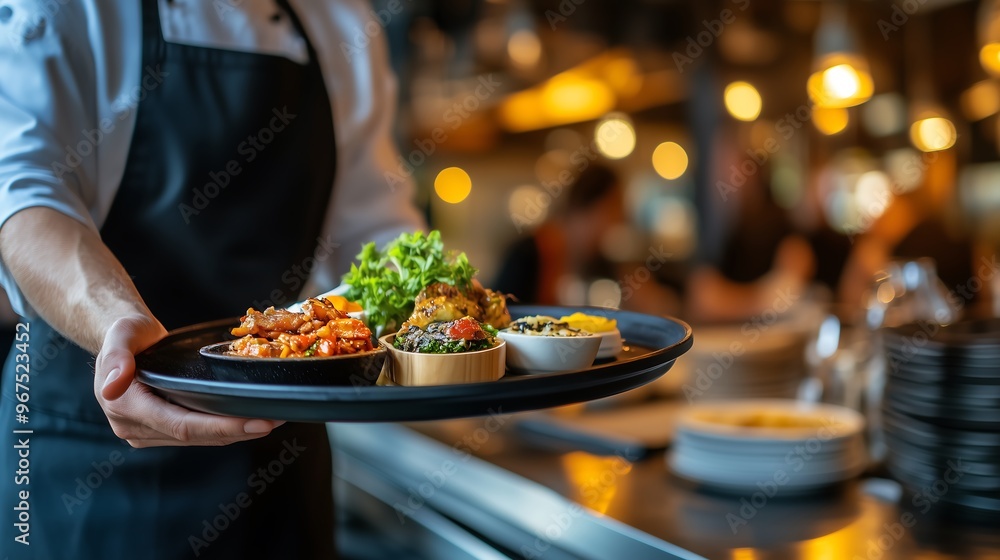 A server's hand holding a tray with food in a restaurant, showing the ...
