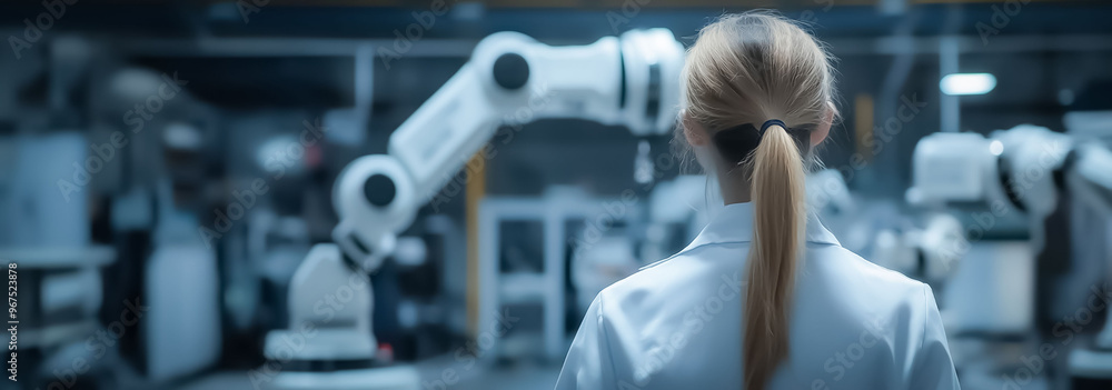 A female engineer with a ponytail observes the workings of robotic arms ...