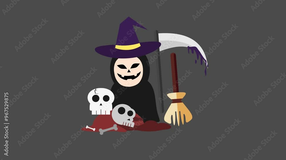 Witch with Scythe and Skulls Halloween Animation in 4K. Perfect for ...