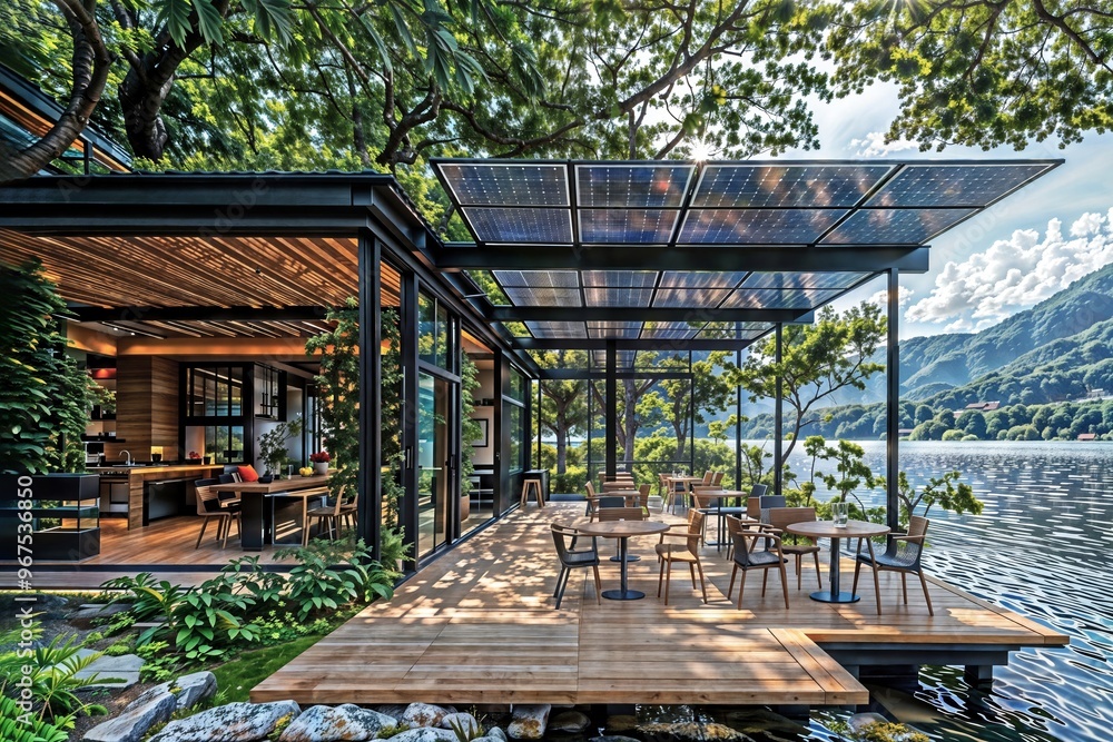 Lakeside Solar Cafe. Scenic outdoor cafe with solar panel roof ...