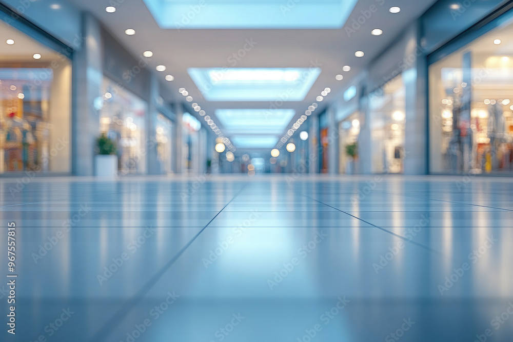 Enter a modern shopping mall corridor with closed stores, reflecting in ...