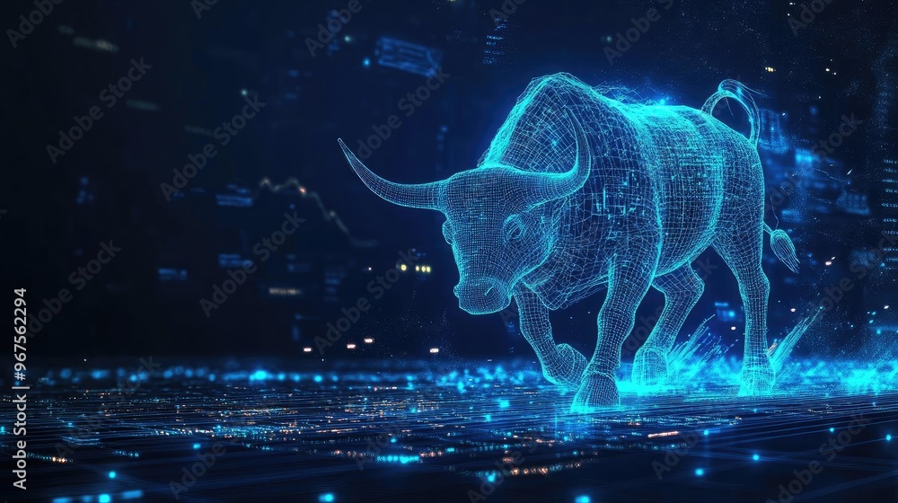 Futuristic digital bull in a glowing blue neon style, symbolizing ...