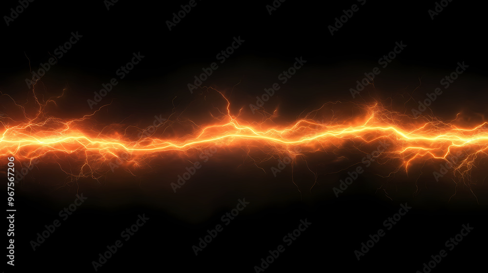 Bright orange and yellow lightning streaks on a black background ...
