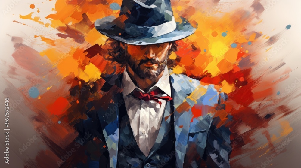 Abstract Painting of Gentleman Wearing Tuxedo Suit with Hat for Ready ...