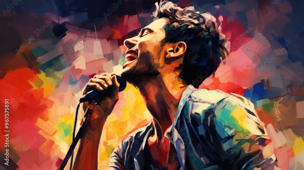 Passionate Male Singer Singing into the Microphone in Abstract Painting ...