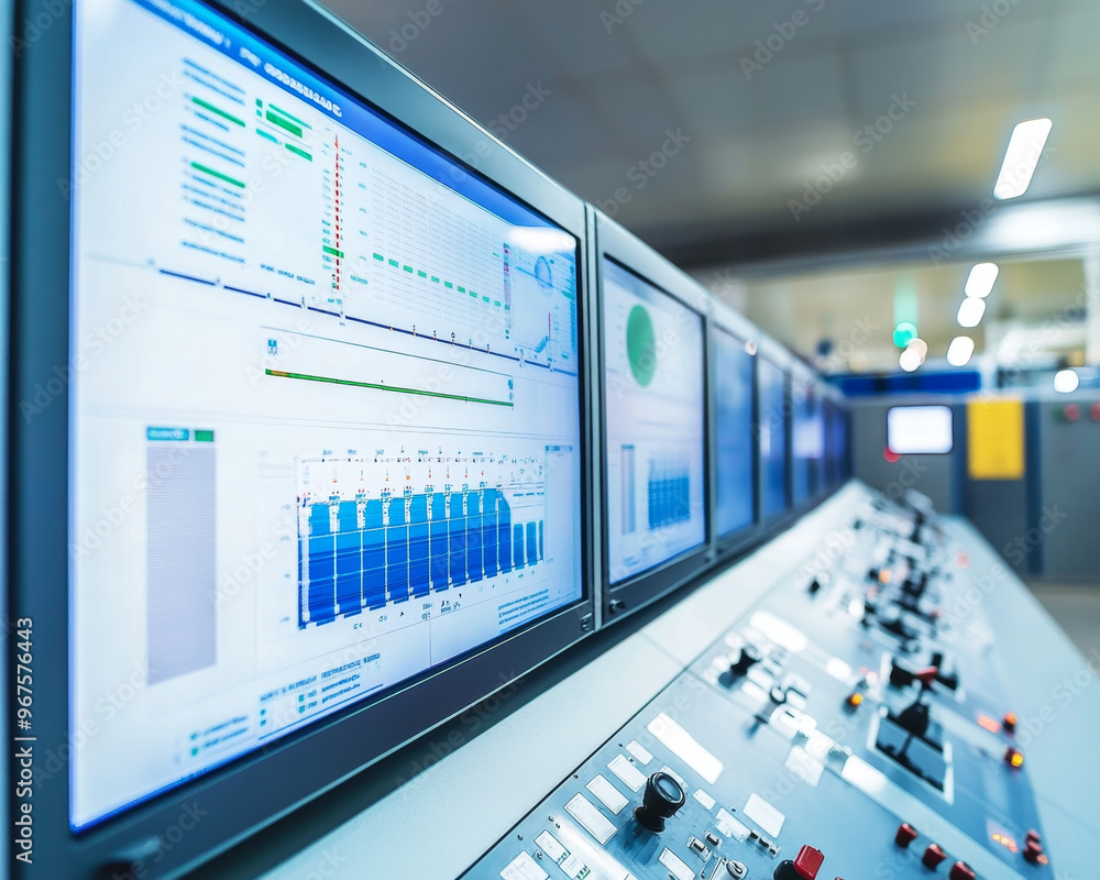 Digital control room with multiple screens displaying data analytics ...