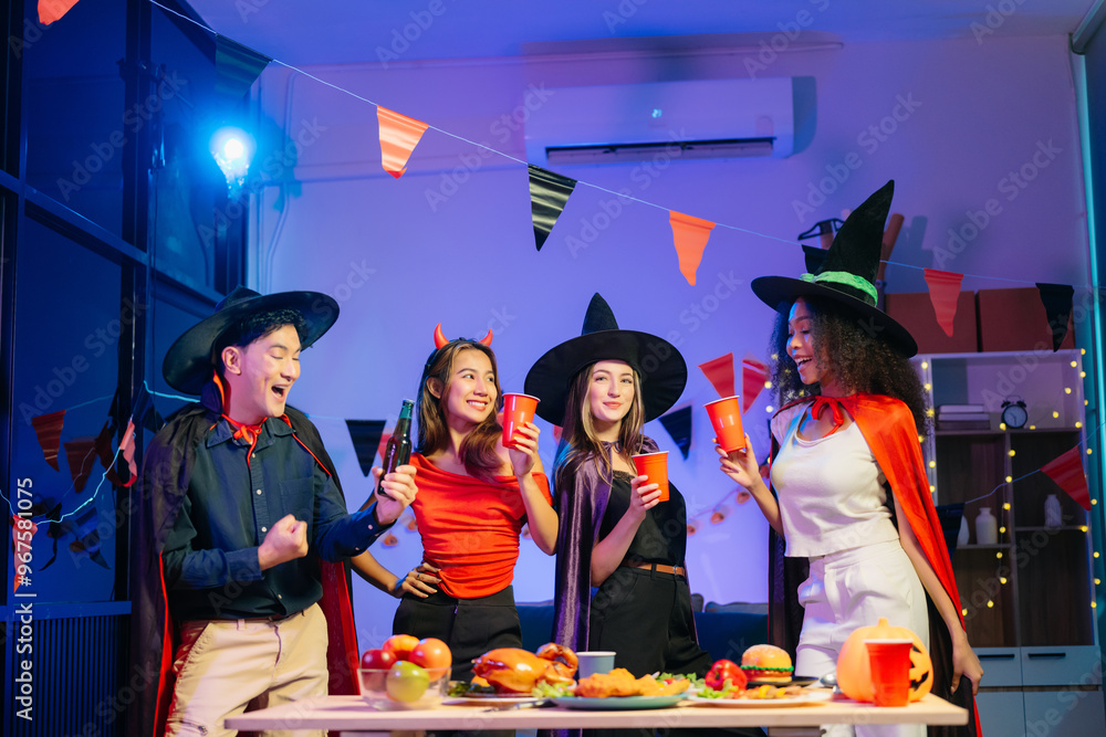 Joyful office Halloween party with coworkers in costumes, celebrating ...