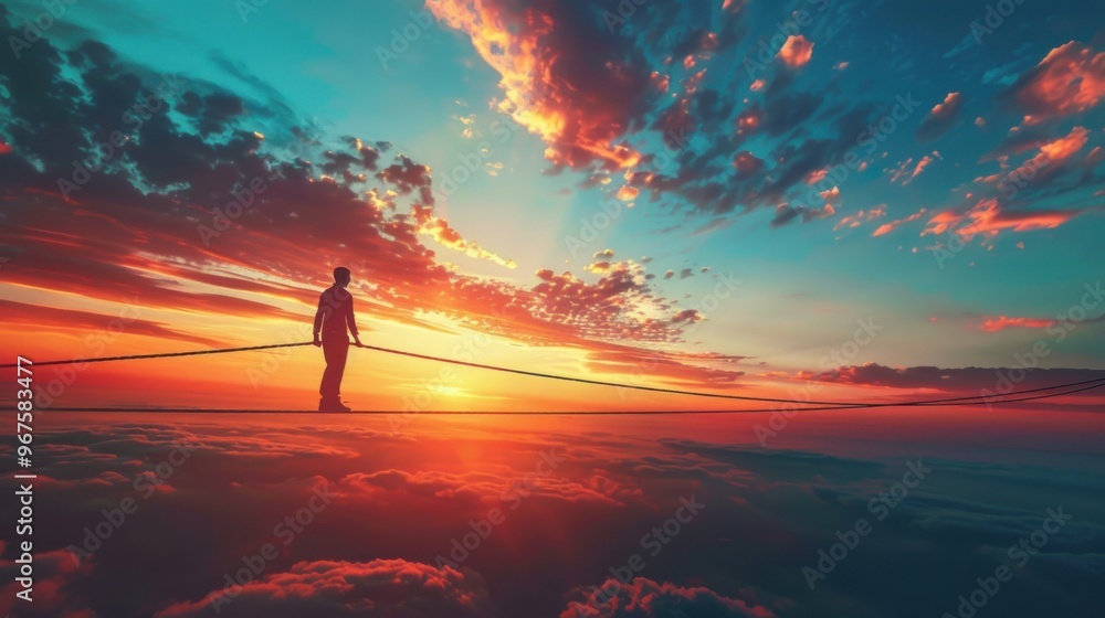 Emotional intelligence, balance emotion. Man walk thin rope with bad ...