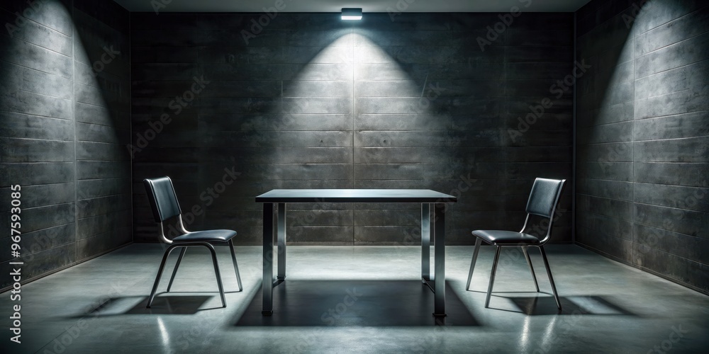Dark room with metal table and chairs for interrogation, interrogation ...
