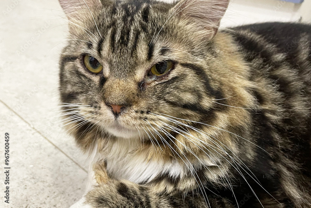 Kitten with eye infection looking at camera. Front view of cat with one ...