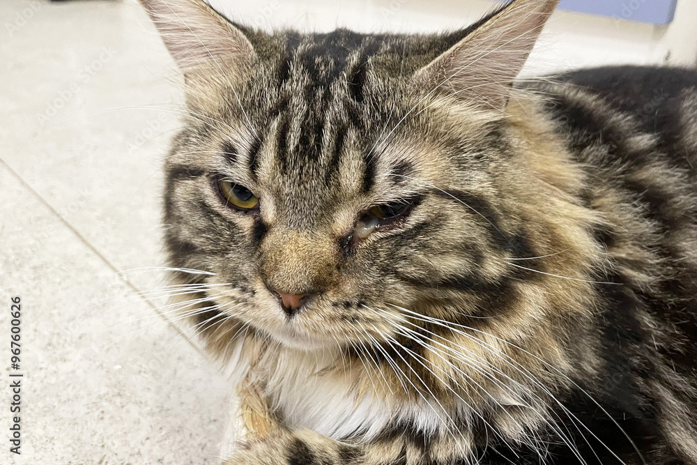 Kitten with eye infection looking at camera. Front view of cat with one ...