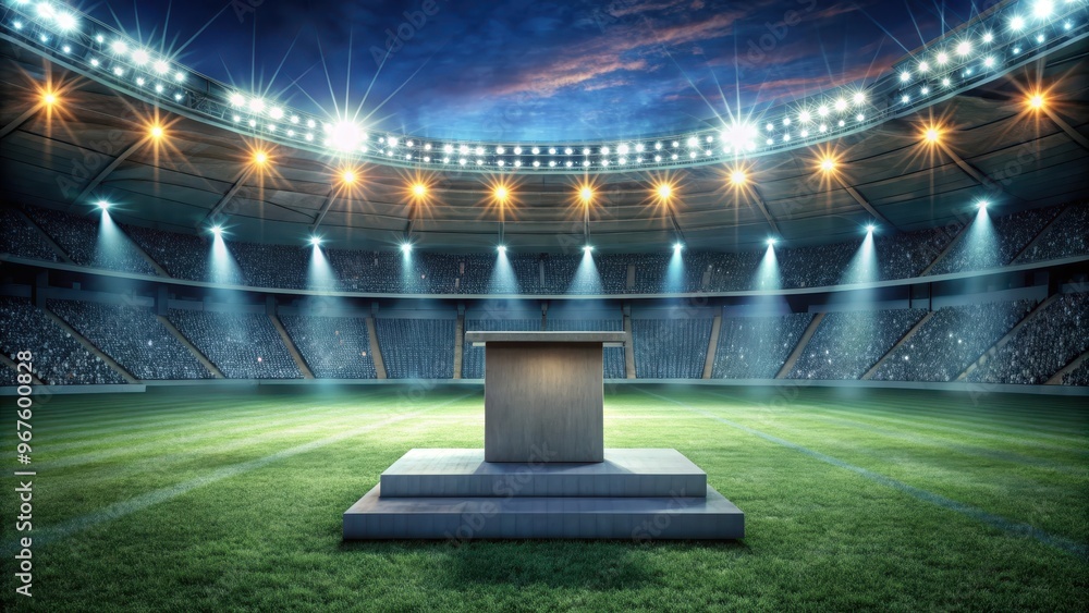 Podium in the center of a stadium with empty seats and light flashes ...