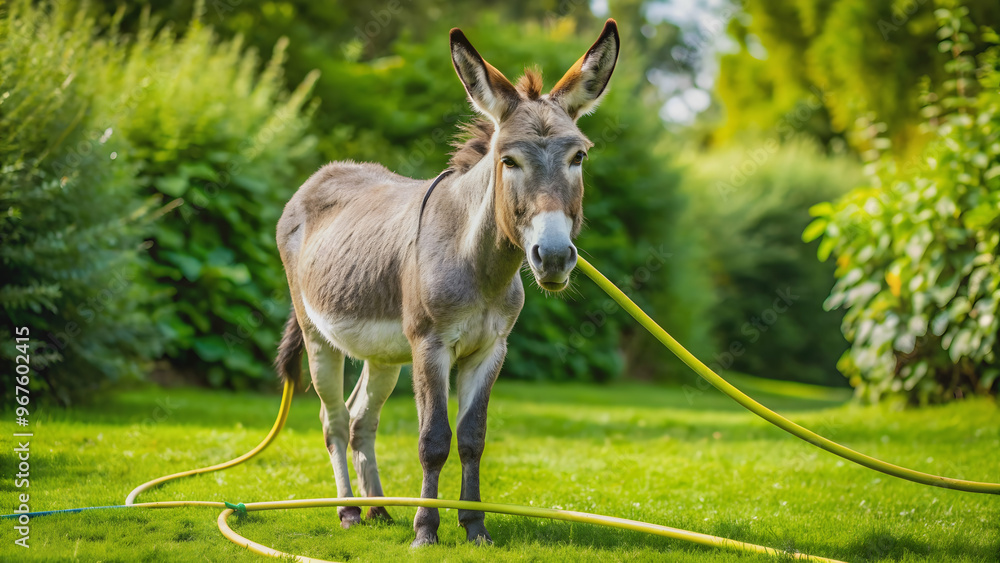 Funny image of a donkey tangled in a garden hose with exaggerated ...