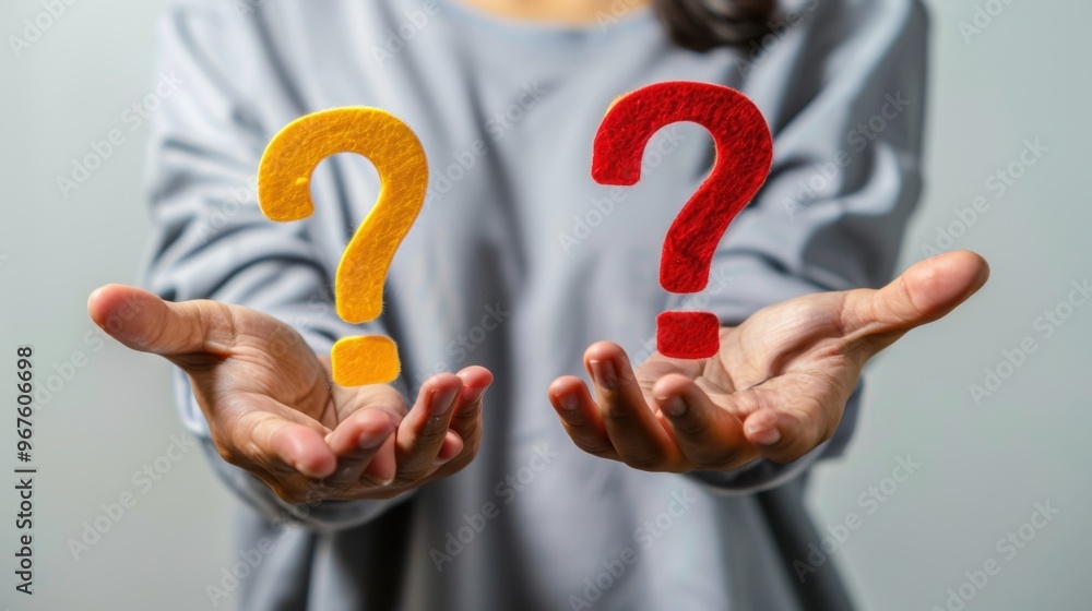 two people holding question marks in their hands, white background ...