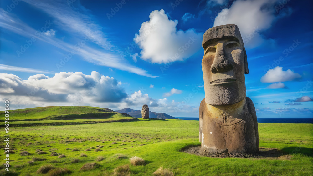 Giant Easter Island Moai statue in a grass field under a blue sky, Moai ...