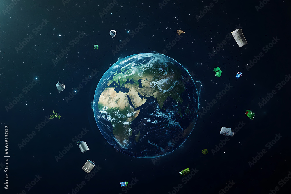 The planet Earth is depicted alongside waste sorting symbols ...