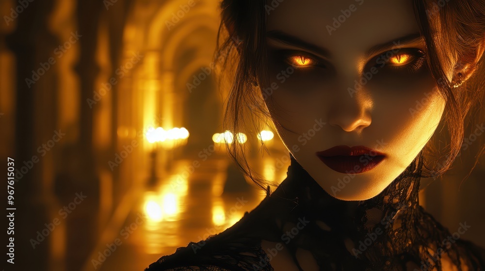 A close-up of a vampire with glowing red eyes and sharp fangs, blood ...