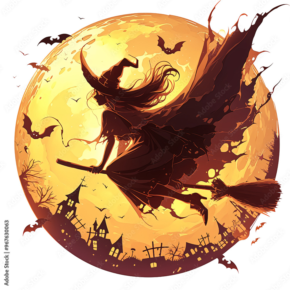 Halloween clipart moon witch flying on broomstick full moon bats ...