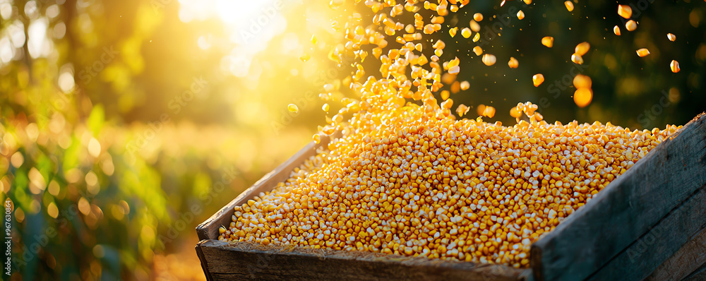 Golden ears of corn being piled high in a rustic cart, soft autumn sun ...