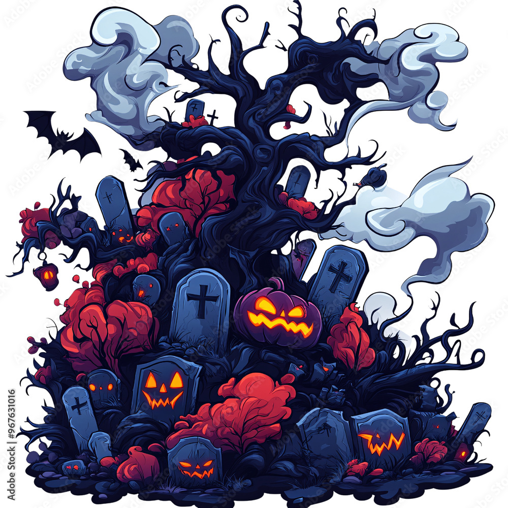 Halloween clipart graveyard spooky trees tombstones ghostly figures floating cartoon style ...