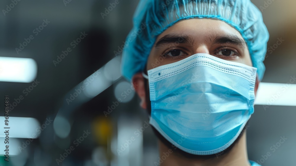 A close-up of a young male healthcare worker in a blue surgical mask ...