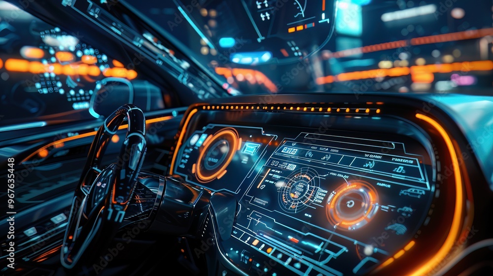 A futuristic car interior glows with dynamic digital displays and sleek ...