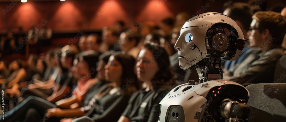 A futuristic conference showcases a humanoid robot with sleek design ...