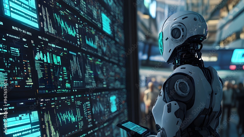 AI robot collaborating with human traders in a futuristic, bustling ...