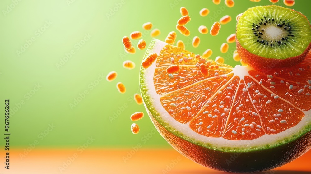 A cross-section of a fruit with probiotic bacteria glowing around its ...