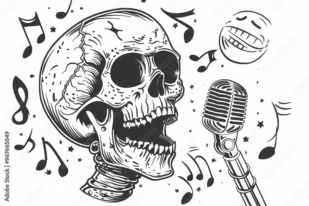 A stylized black and white illustration of a skull singing into a ...