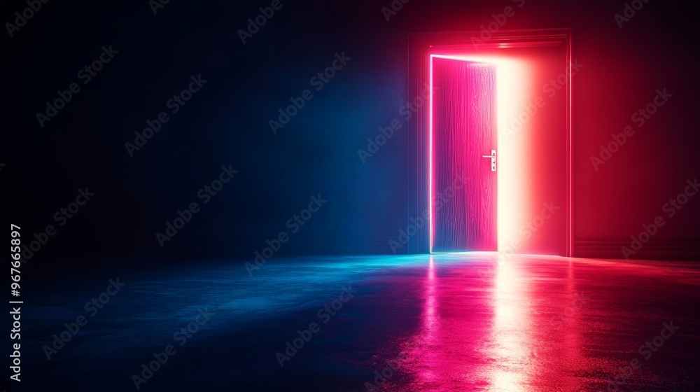 Glowing door ajar, casting ethereal light onto a dark hallway ...