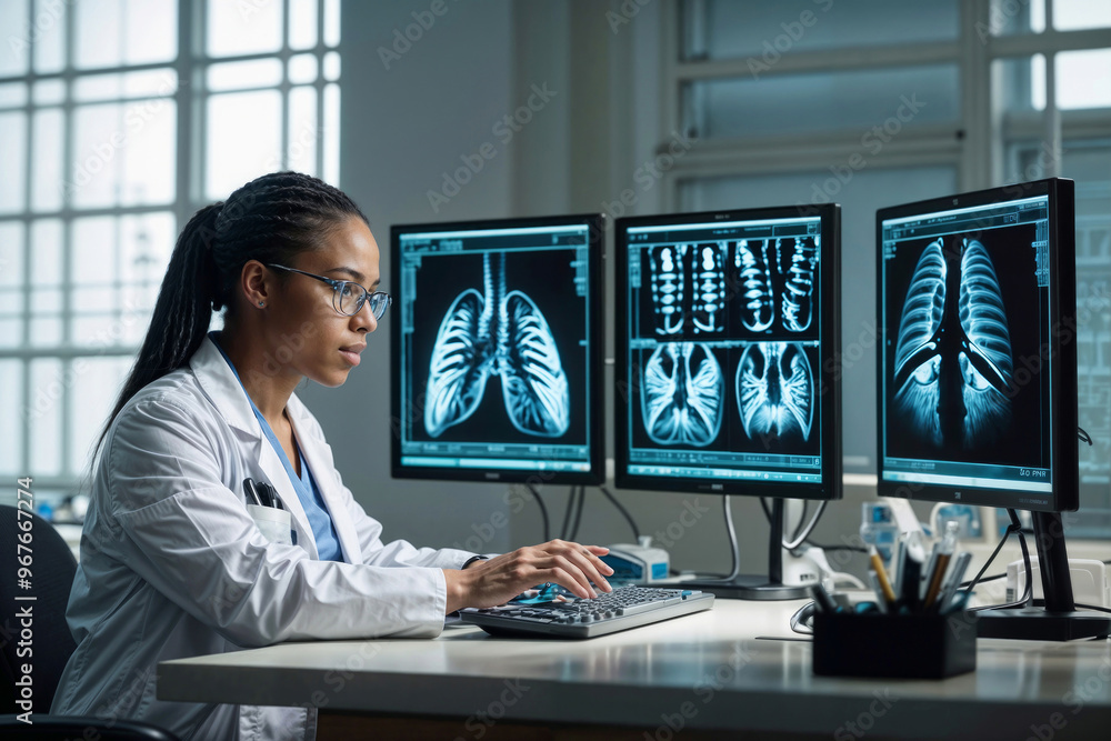 African American woman medical doctor is working on computer analyzing ...