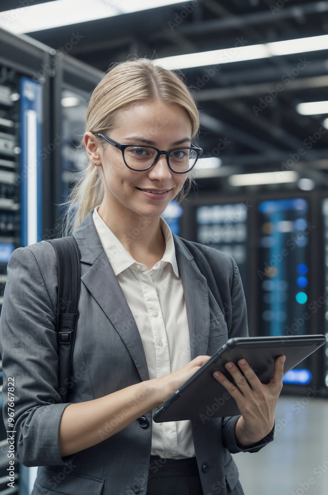 Woman wearing glasses IT specialist between row of operational server ...