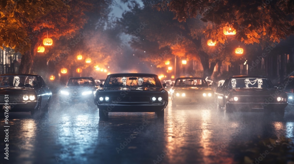 Spooky Halloween car convoy classic cars decorated with skeletons and ...